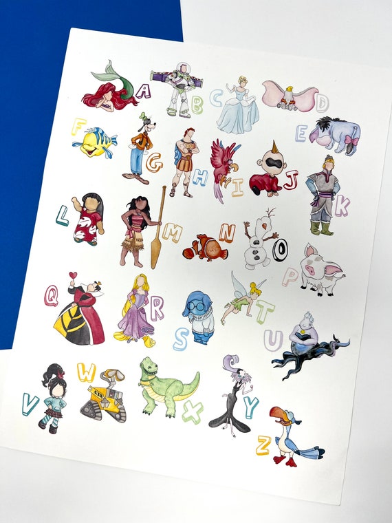Disney Character Watercolor Alphabet Poster Disney ABC - Etsy