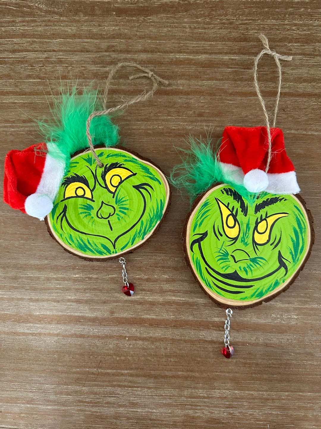 Hand Painted Wood Slice Ornament, Grinch With Red Heart Charm - Etsy