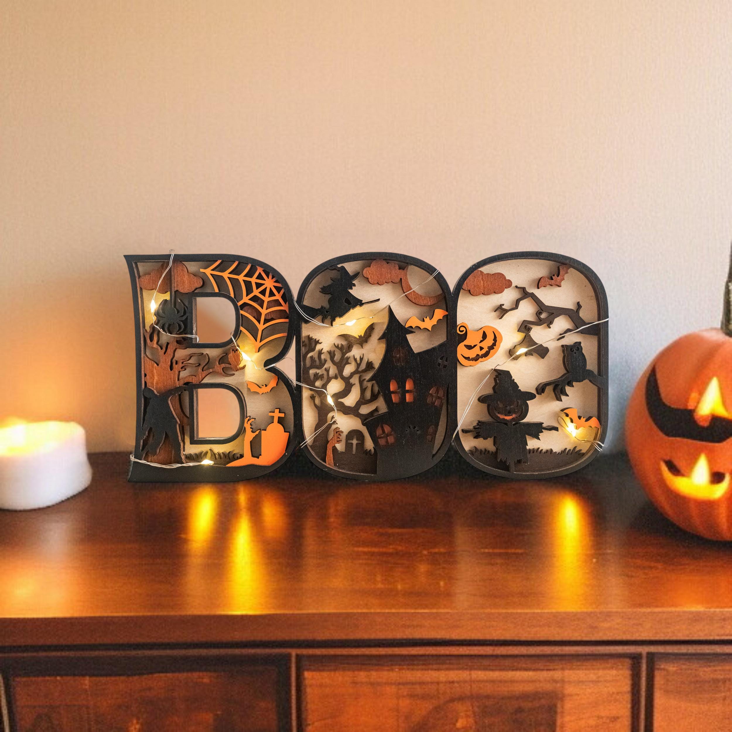 Halloween BOO Sign With LED Lights – 3D Layered Wood Halloween Decor ...