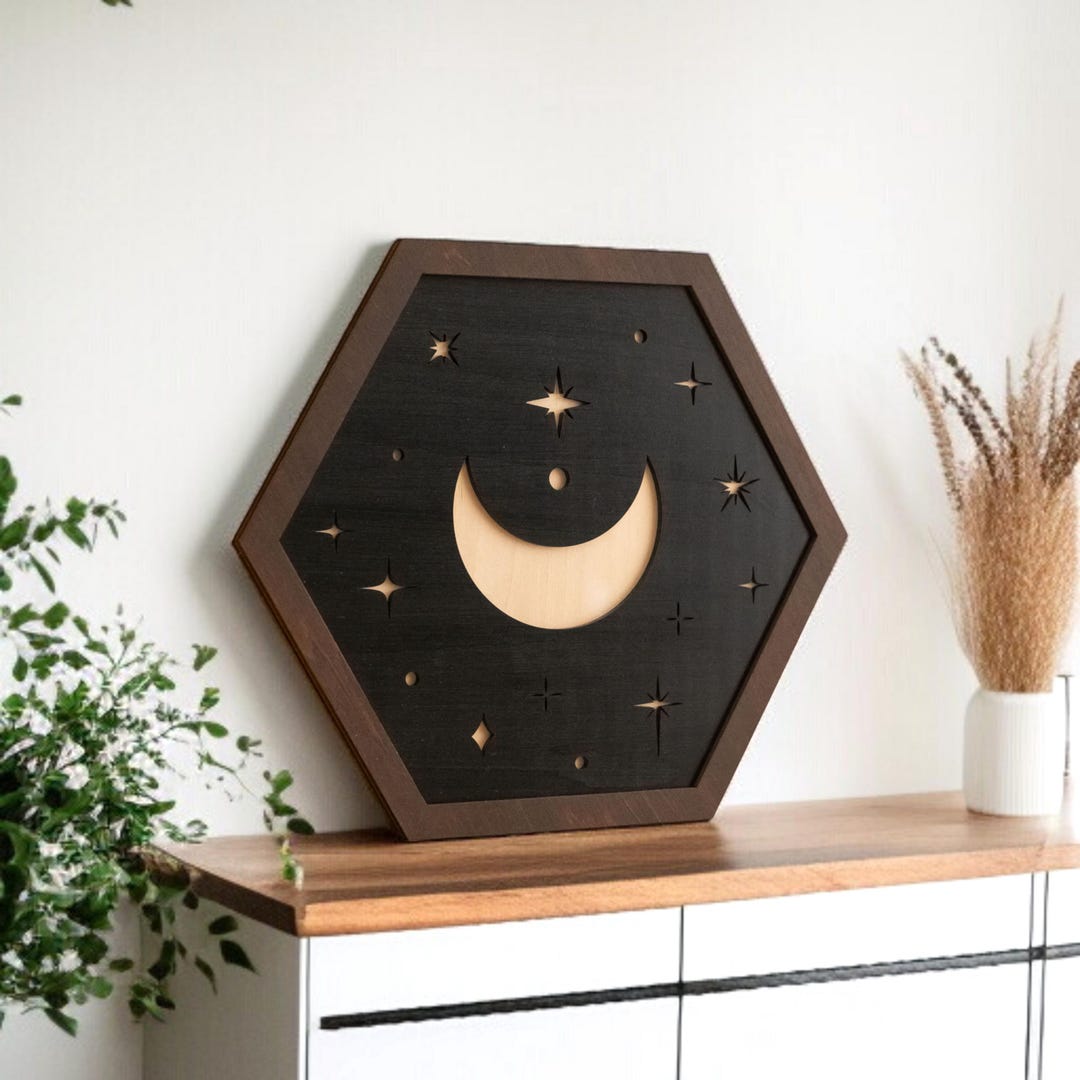 Sun and Moon Hexagon Wood Wall Art - Boho Celestial Wall Hanging - Set ...