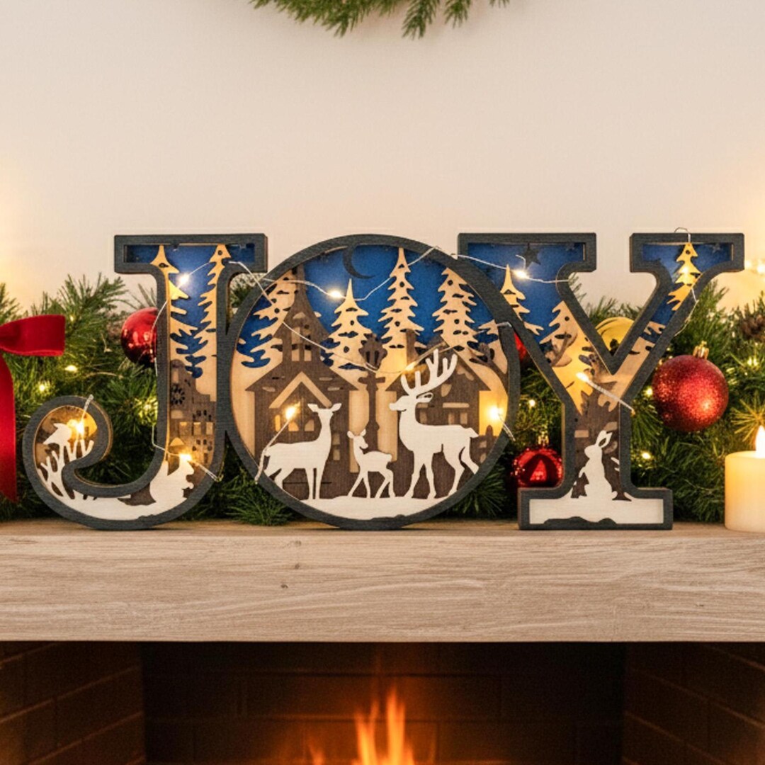 JOY Wooden Christmas Decor Sign With LED Lights – Rustic Winter ...