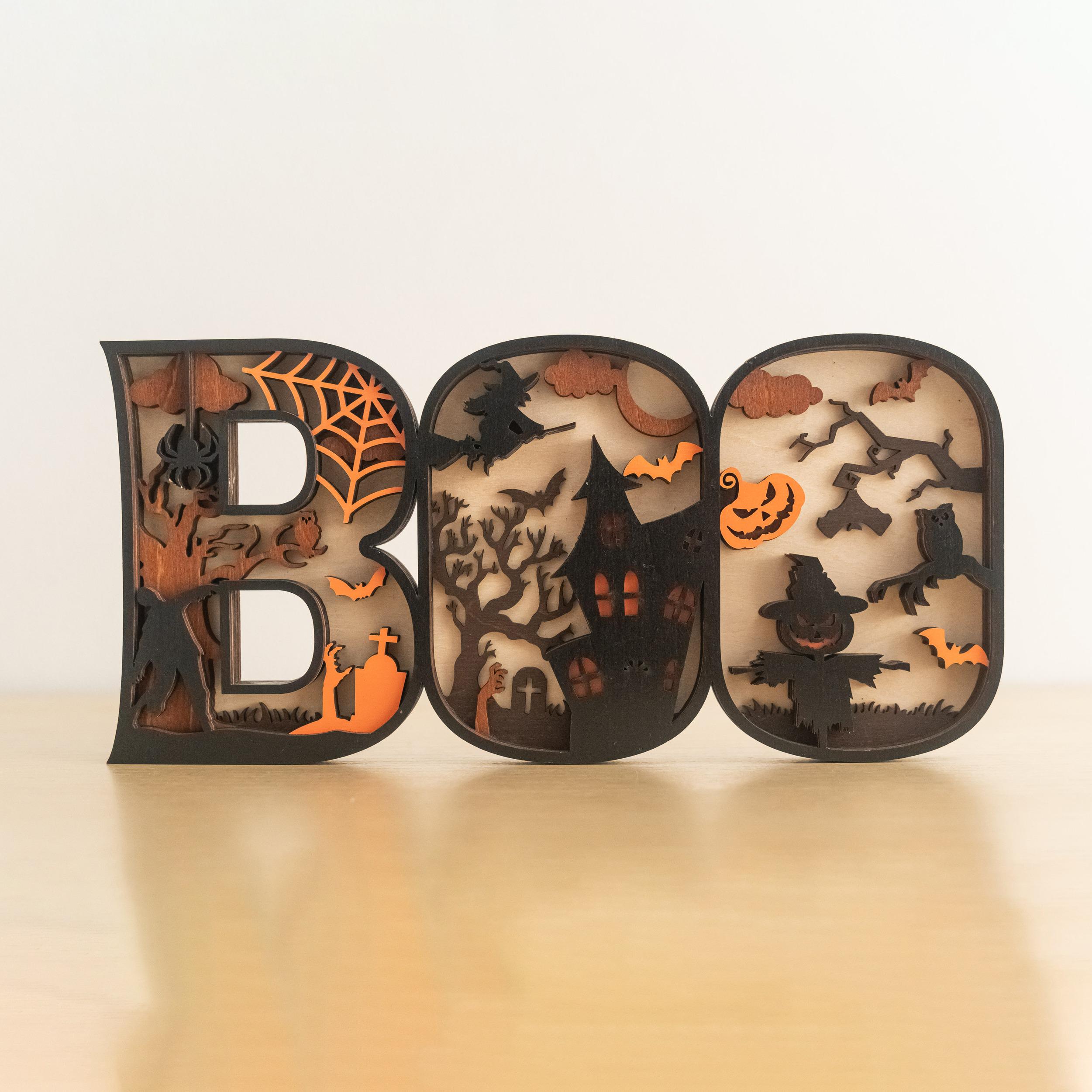 Halloween BOO Sign With LED Lights – 3D Layered Wood Halloween Decor ...