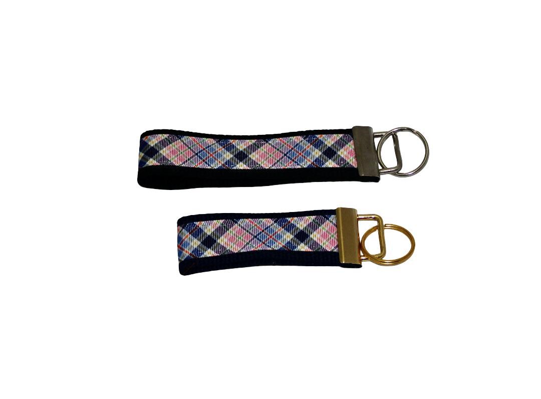 Blue and Pink Plaid Keychain, Cotton Webbing Key Fob, Jacquard Ribbon ...