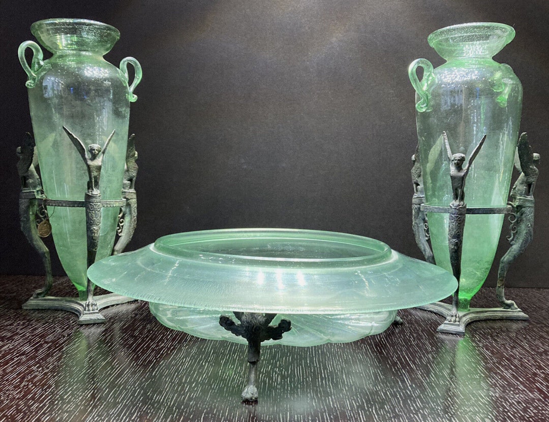Giorgio Sommer Venetian Italian Glass 3 -piece Garniture Set W/ Bronze ...