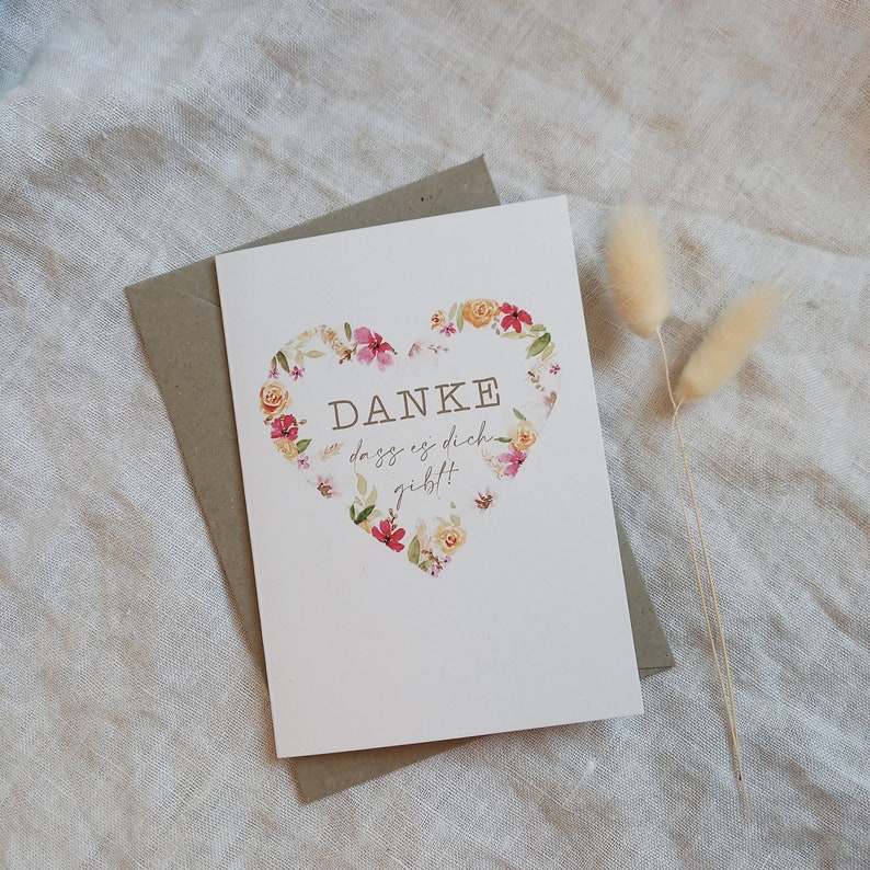 Danke dass es dich gibt Karte DIN A6 Recyclingpapier mit Aquarell Herz ...