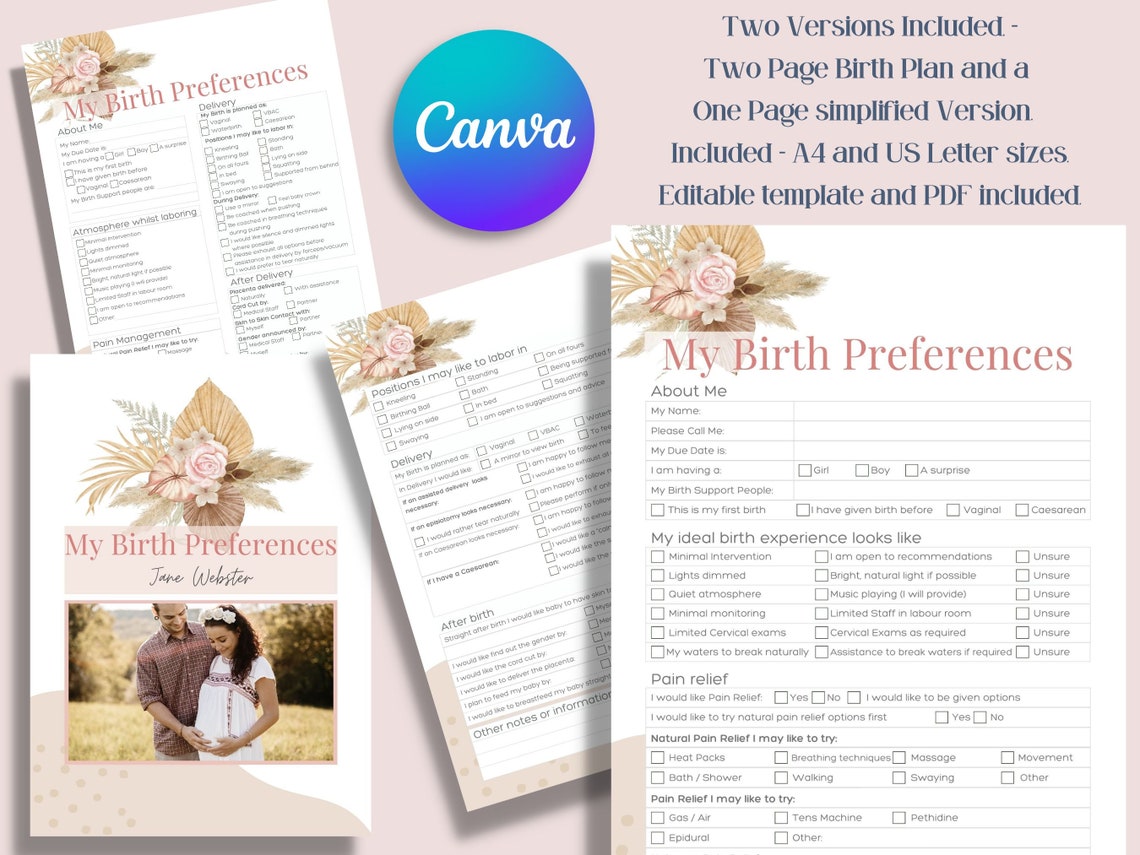 Boho Birth Plan Editable Template, Birth Preferences Template, Birth ...