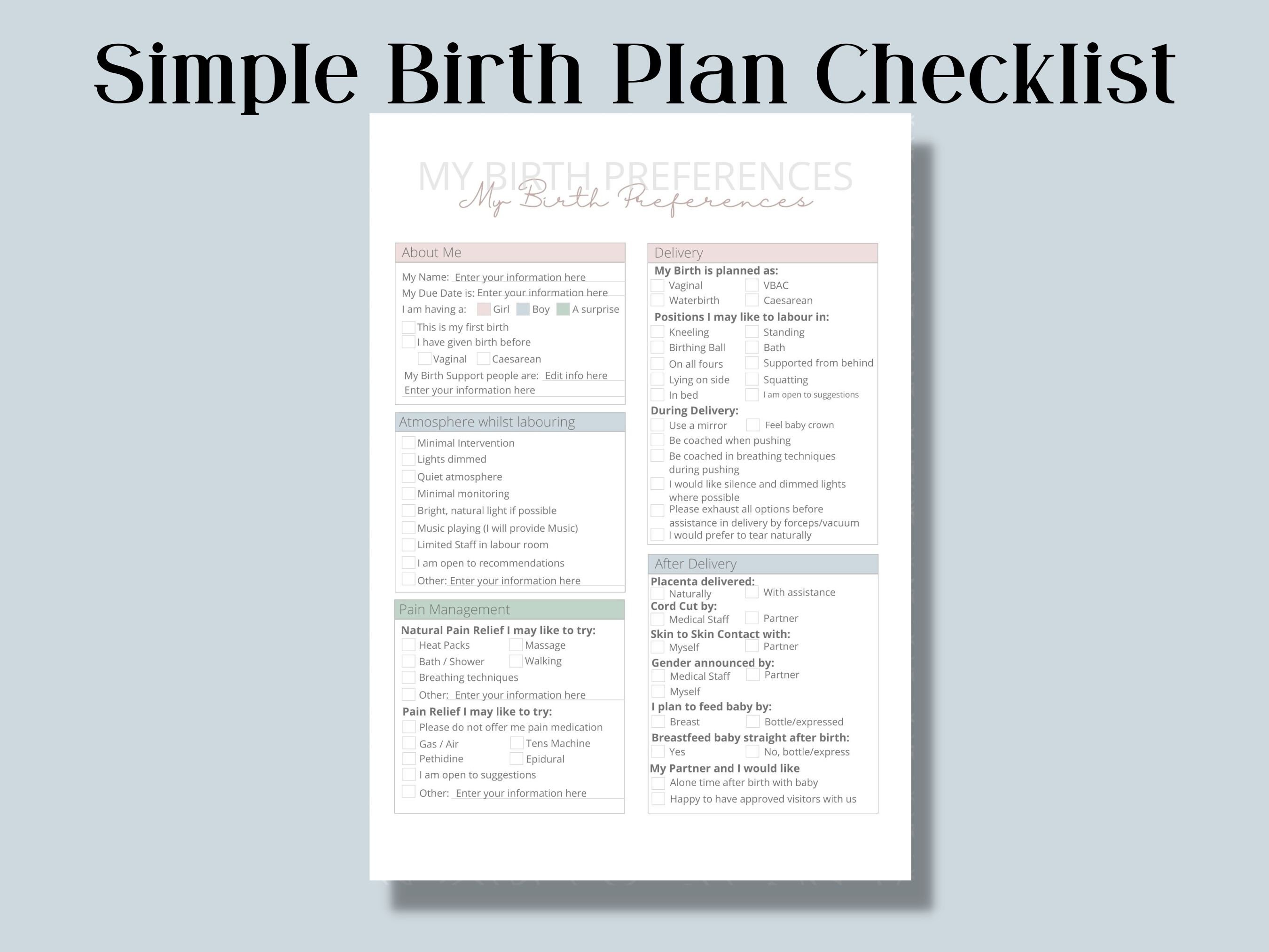 Birth Plan Checklist Template, Editable, Communicate Your Birth ...