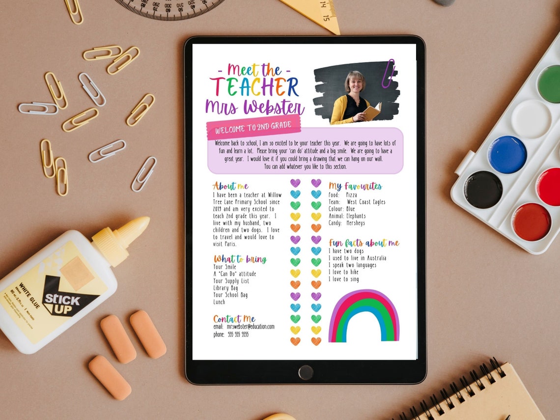 Bright Colourful Meet the Teacher Editable Template Back to - Etsy