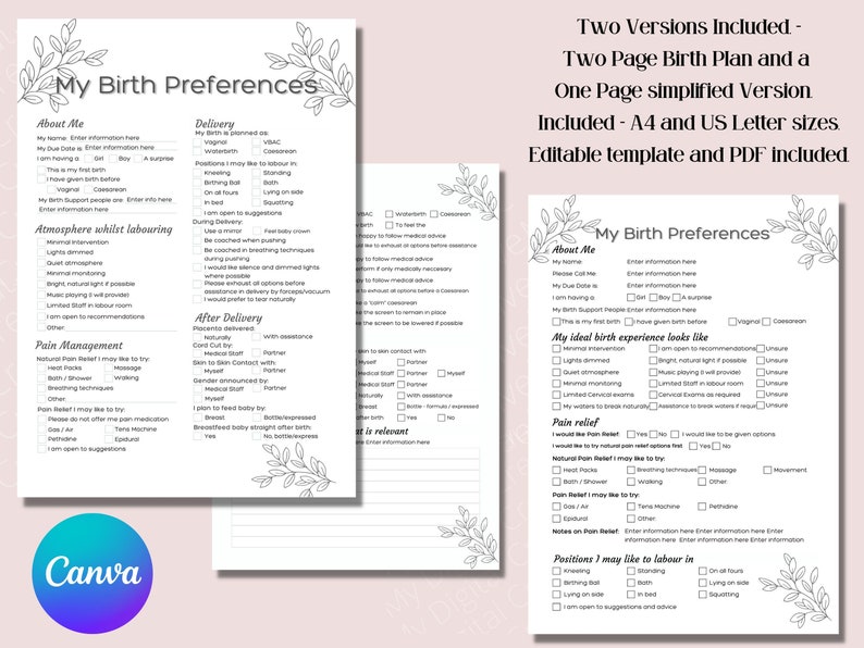 Birth Plan Template, Editable, Communicate Your Birth Preferences ...