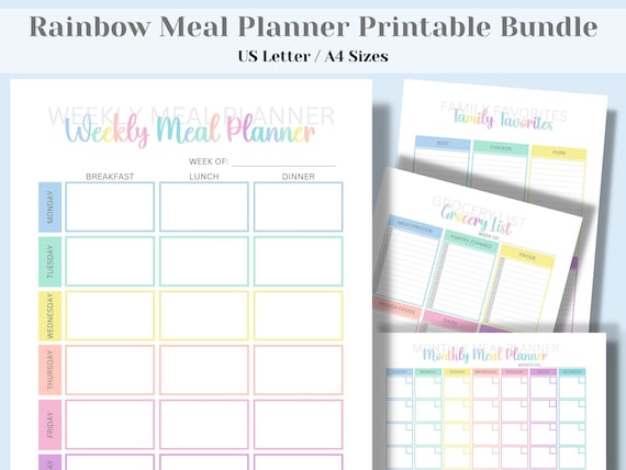 Rainbow Weekly Meal Planner Printable Organise Your Weekly - Etsy