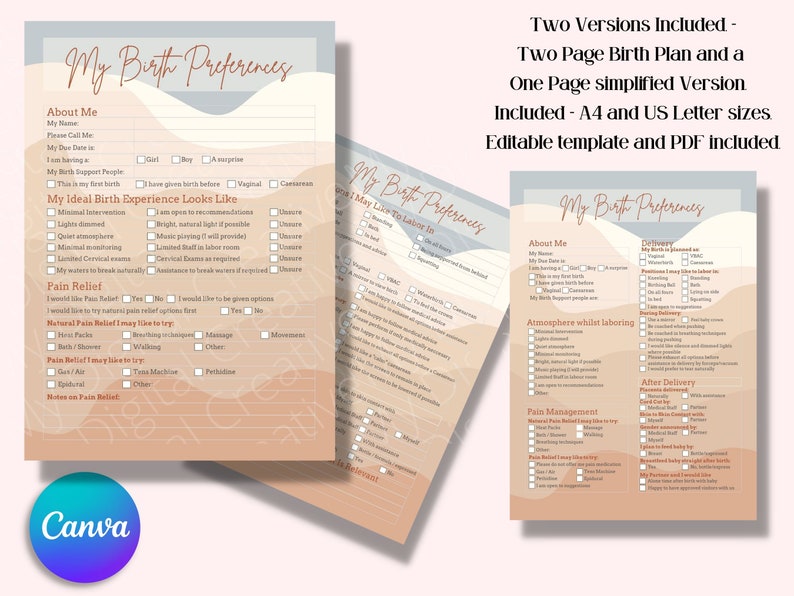 Boho Birth Plan Template, Editable, Communicate Your Birth Preferences ...