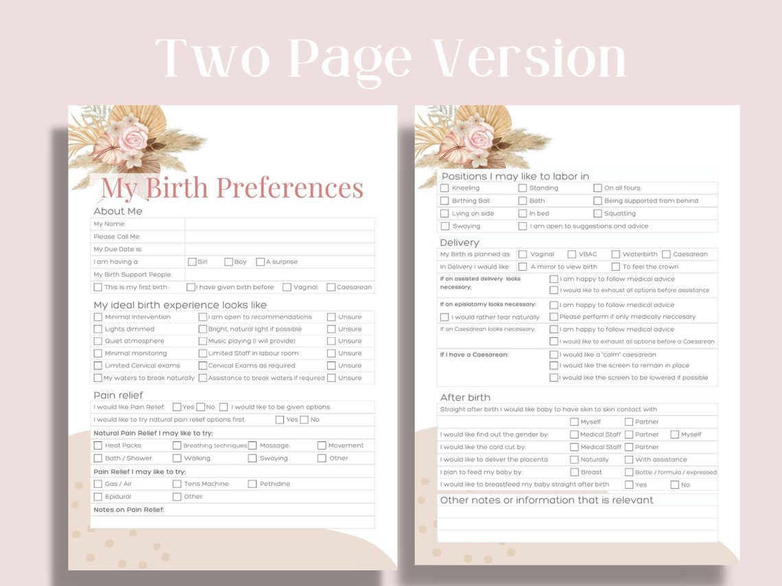 Boho Birth Plan Editable Template, Birth Preferences Template, Birth ...