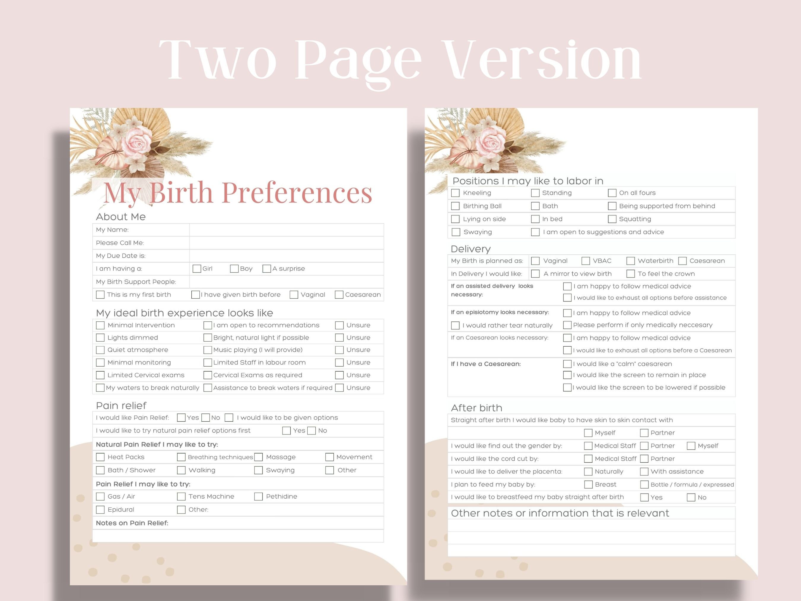 Boho Birth Plan Editable Template, Birth Preferences Template, Birth ...