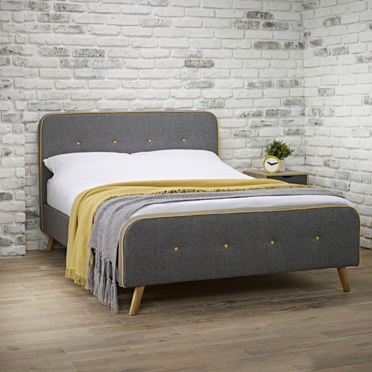 Modern Upholstered Grey Fabric Bed Frame With Yellow Button - Etsy UK