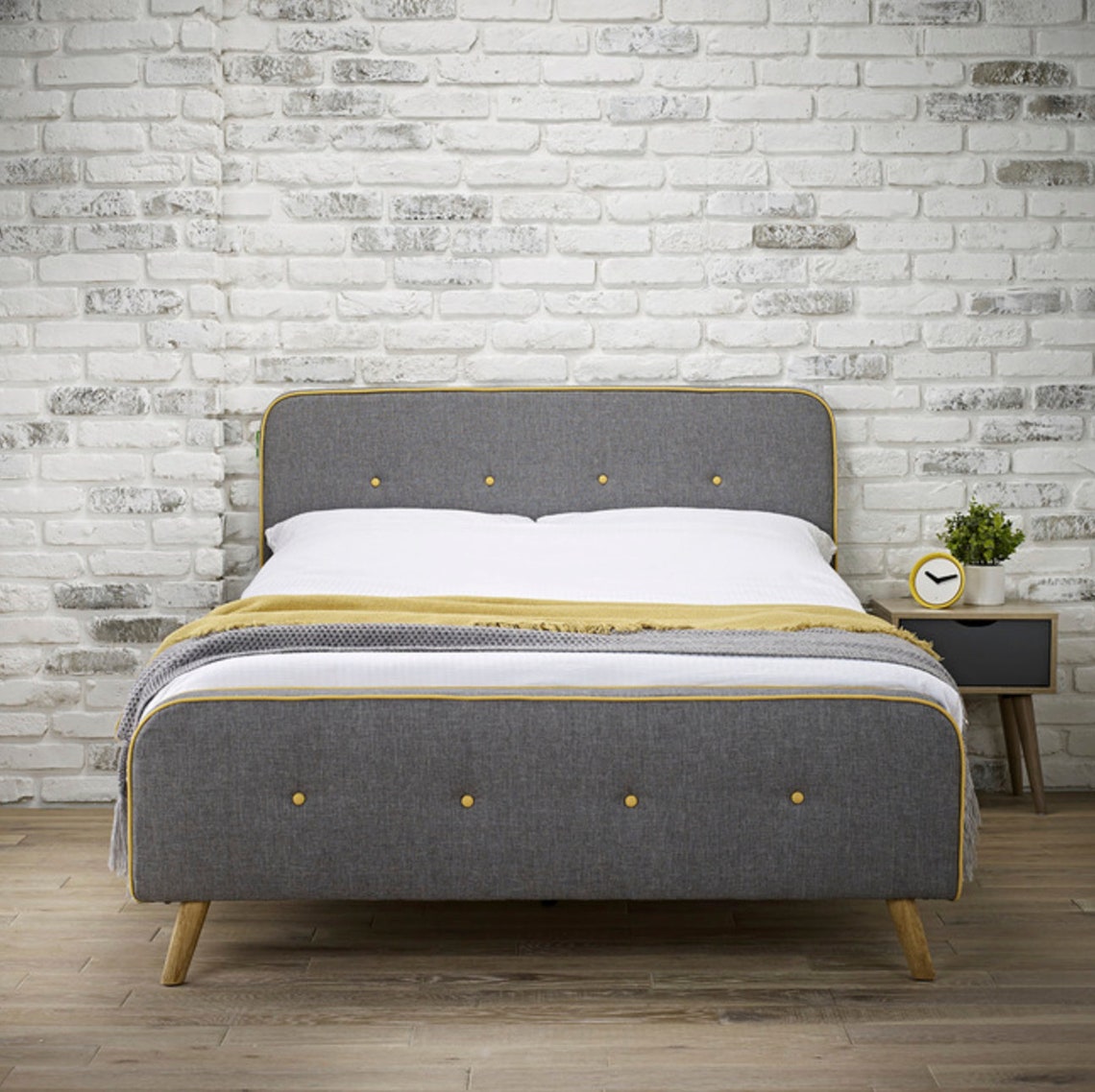 Modern Upholstered Grey Fabric Bed Frame With Yellow Button - Etsy UK