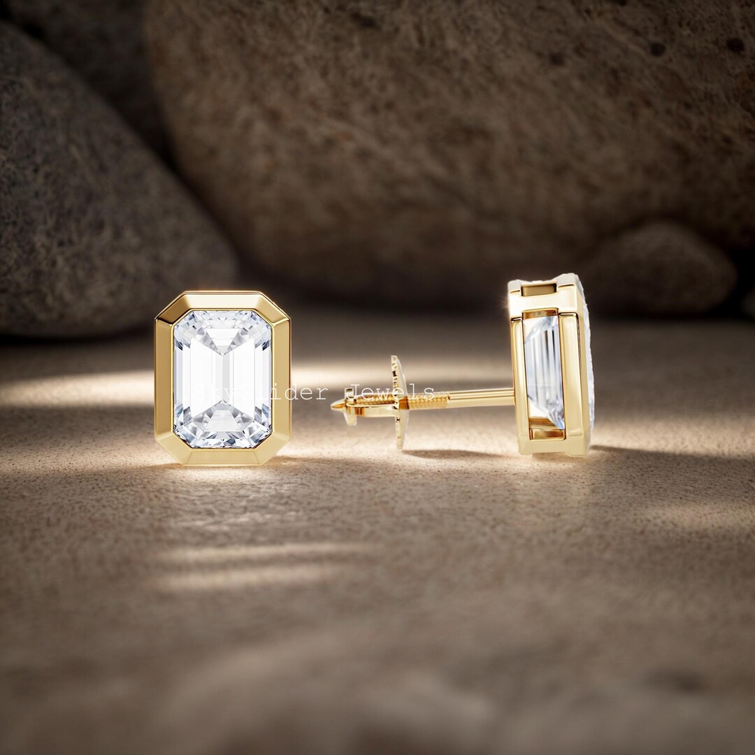 Bezel Emerald Cut Moissanite Engagement Stud Earrings/ 14K Solid Gold ...