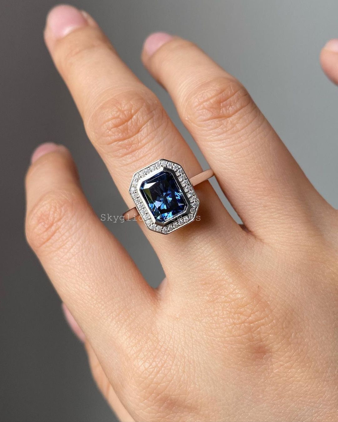 3.50 CT Royal Blue Radiant Cut Moissanite Engagement Ring/ 14K White ...