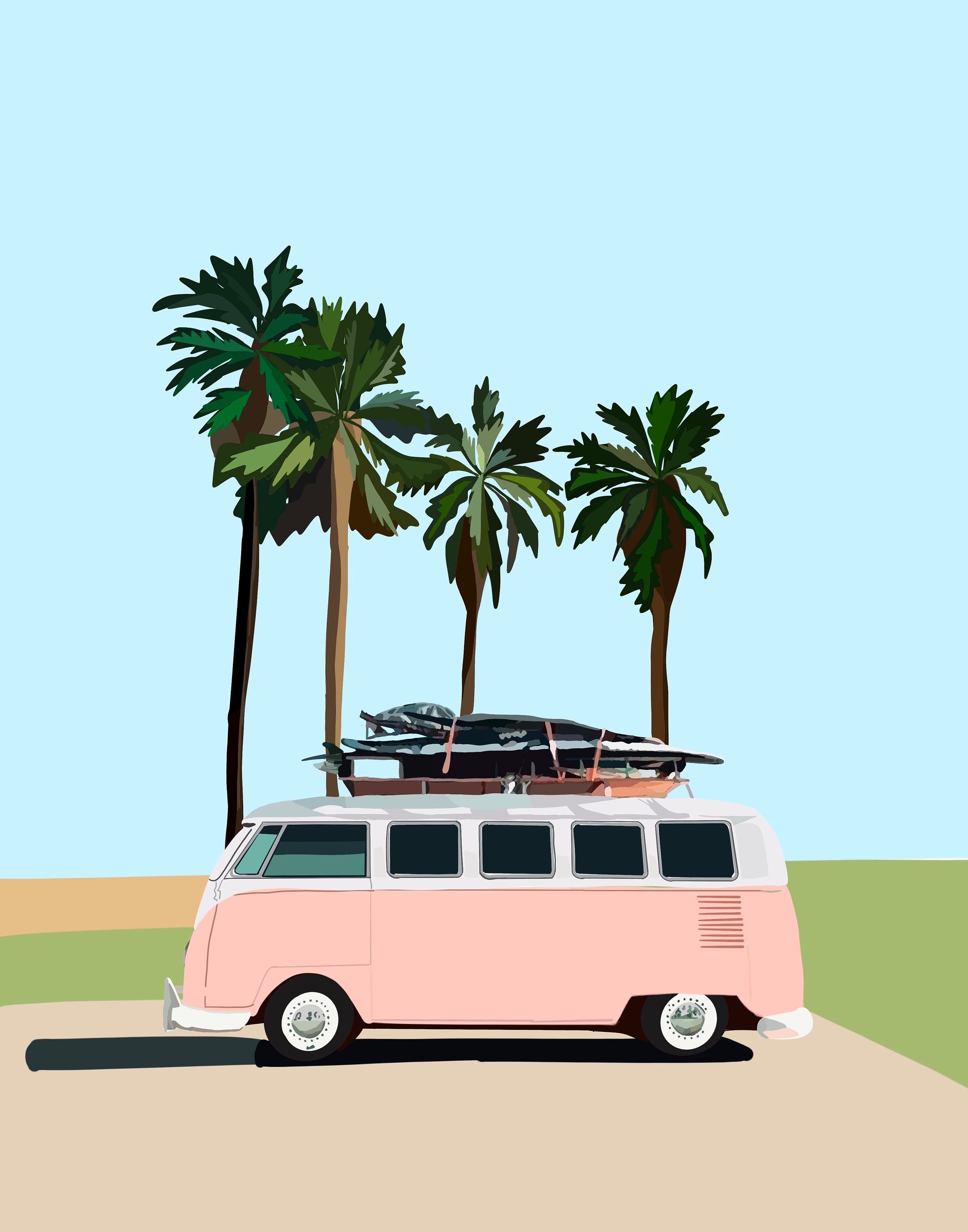 Pink Hippy VW Bus, Pink Bus, Beach, Art Print, Hippy Art, Surfboard ...