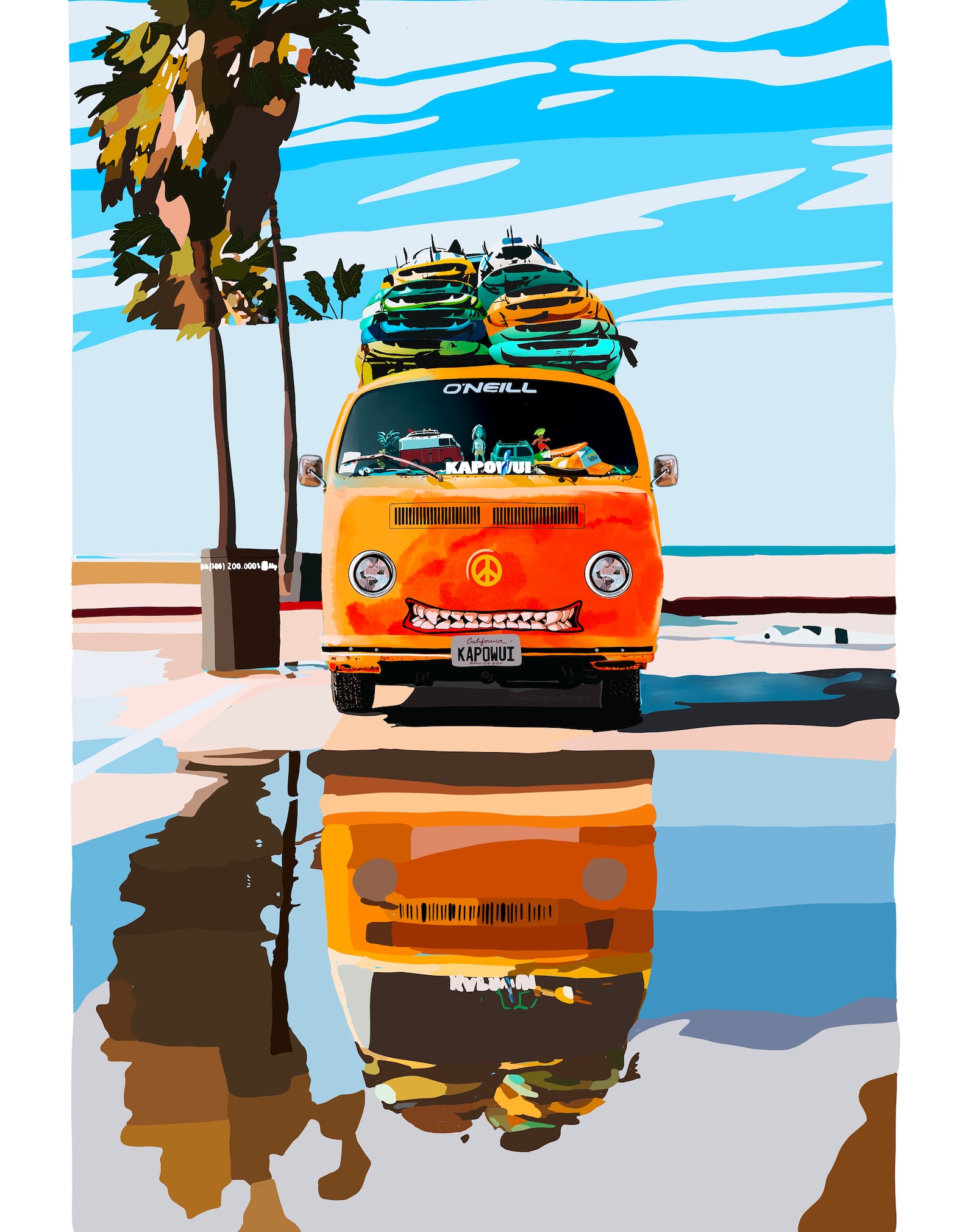 Hippy VW Bus, Beach, Art Print, Hippy Art, Surfboard, Good Vibes, Fun ...