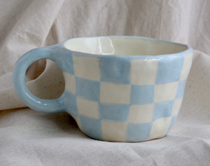 Blue and White Checkered Ceramic Mug Handmade - Etsy