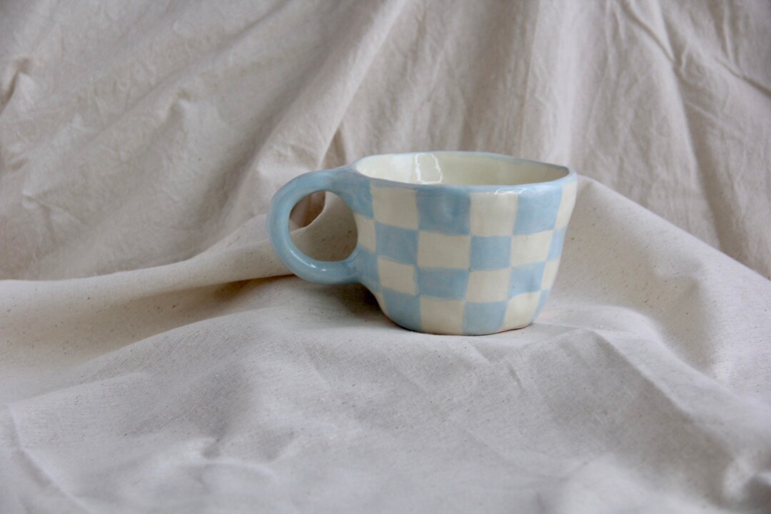 Blue and White Checkered Ceramic Mug, Handmade - Etsy