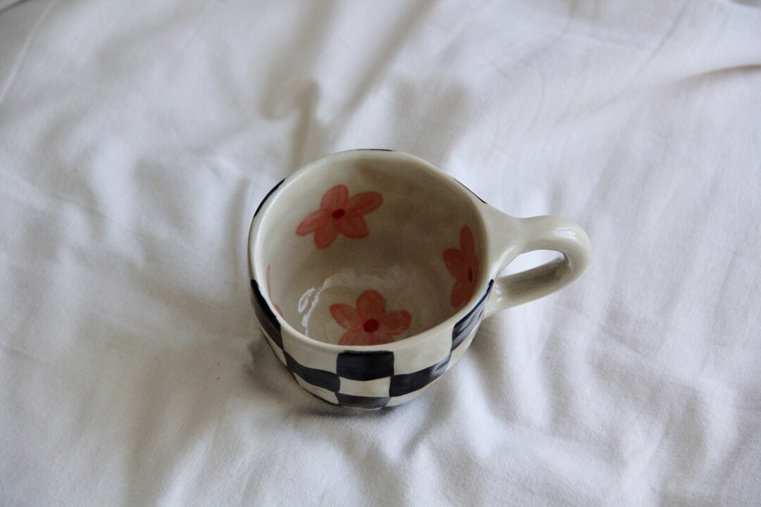Handmade Black Checkered Mug With Pink Flowers, Stoneware - Etsy