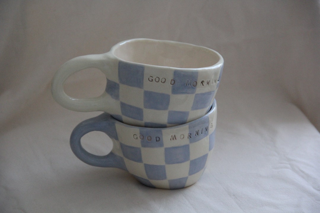 Blue and White Checkered, Good Morning Ceramic Mug, Handmade, 250 Ml - Etsy