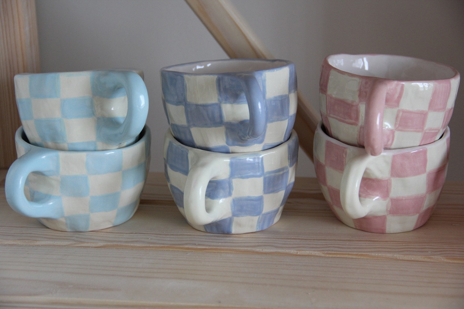 Blue and White Checkered Ceramic Mug, Handmade - Etsy