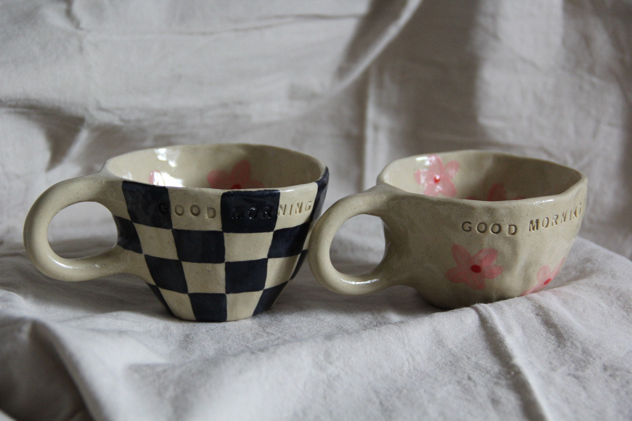 Handmade Black Checkered Mug With Pink Flowers Stoneware - Etsy