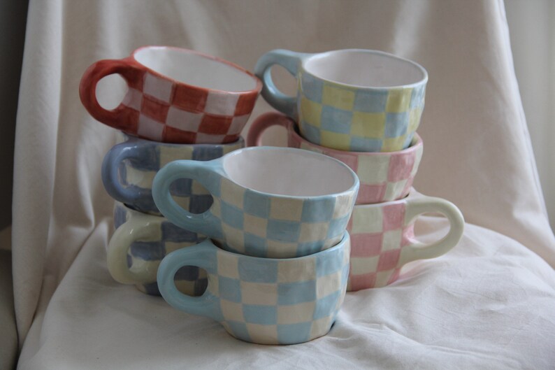 Blue and White Checkered Ceramic Mug, Handmade - Etsy