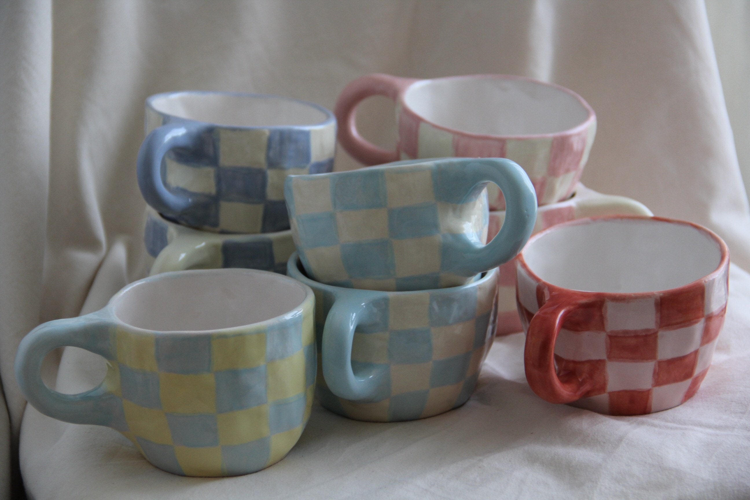 Blue and White Checkered Ceramic Mug, Handmade - Etsy