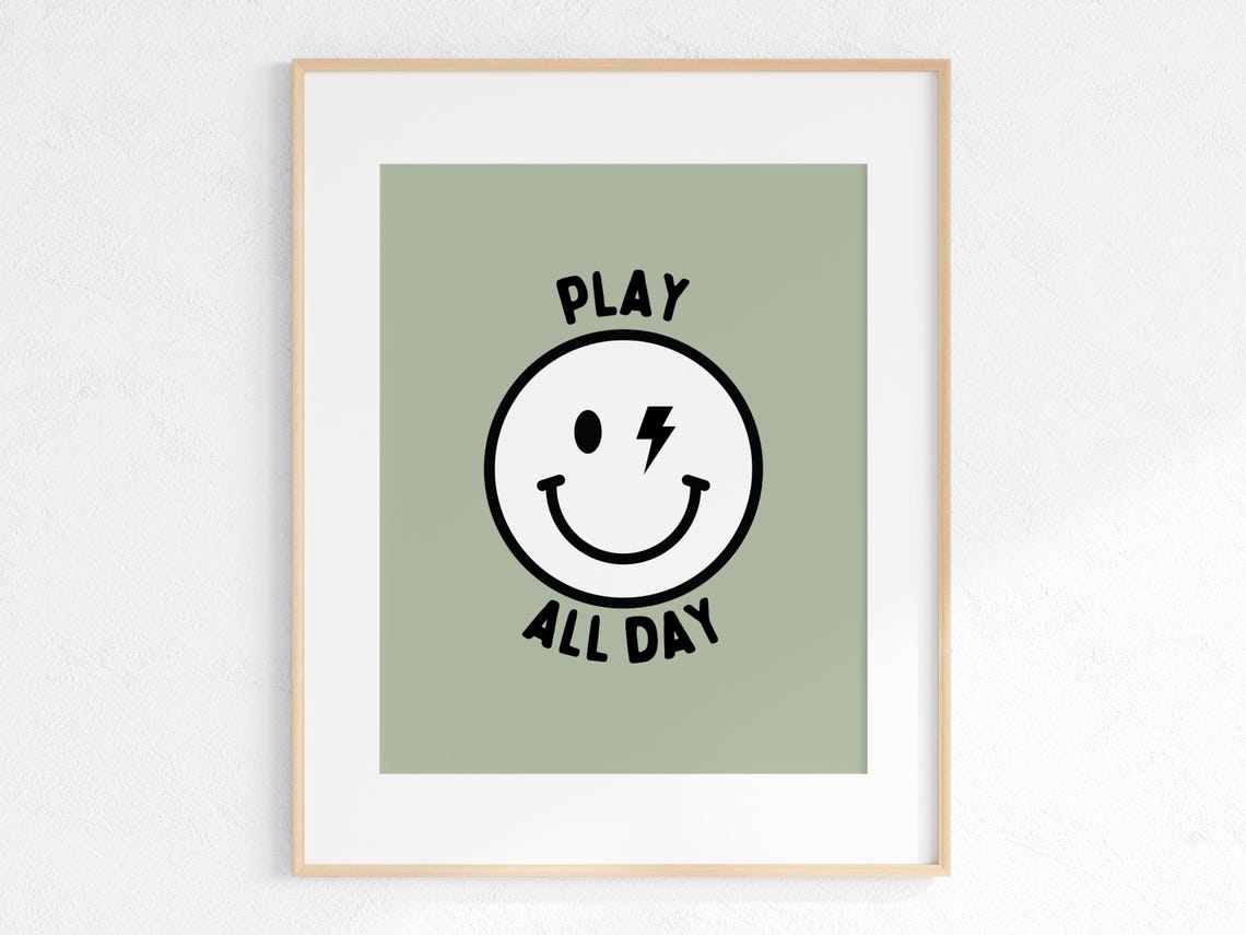 Play All Day Print: Retro Smiley Face, Playroom Wall Art (digital ...