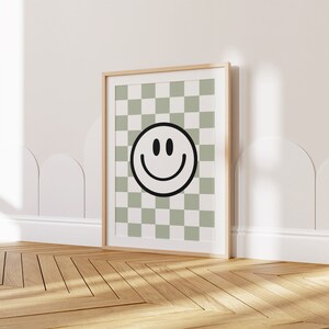 Retro Smile Face Print: Boho Checkerboard Nursery Decor (digital ...