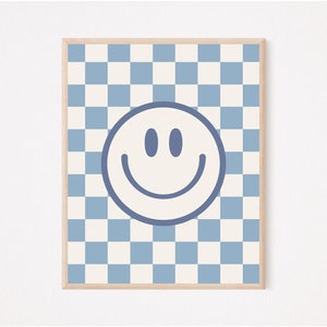 Blue Checkered Retro Smile Face, Boys Wall Art Printable, Smile Face ...