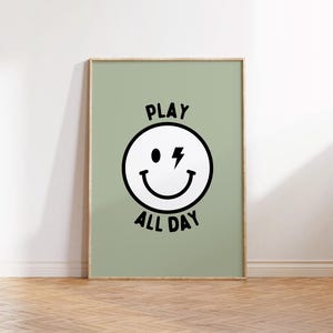 Play All Day Print: Retro Smiley Face, Playroom Wall Art (digital ...