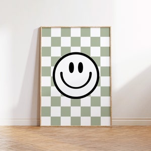 Retro Smile Face Print: Boho Checkerboard Nursery Decor (digital ...