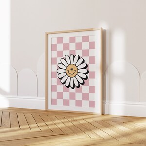 Retro Daisy Smile Face Print, Checkerboard Daisy Wall Art, Girl Boho ...