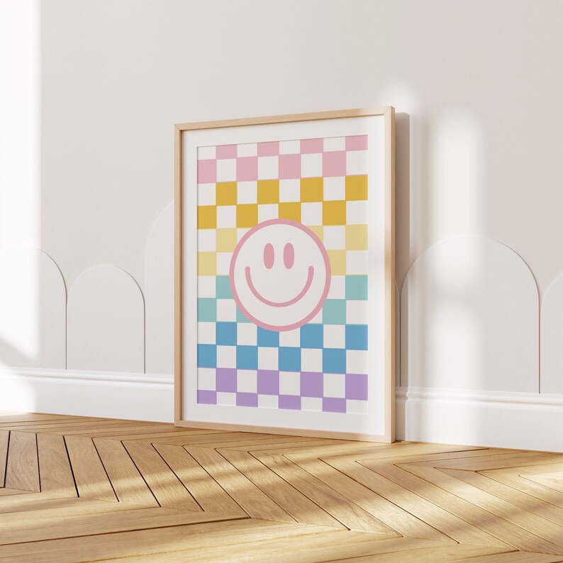 Rainbow Checkerboard Smile Face Print, Smile Face Checkerboard, Girl ...
