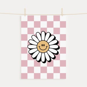 Retro Daisy Smile Face Print, Checkerboard Daisy Wall Art, Girl Boho ...
