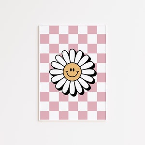 Retro Daisy Smile Face Print, Checkerboard Daisy Wall Art, Girl Boho ...