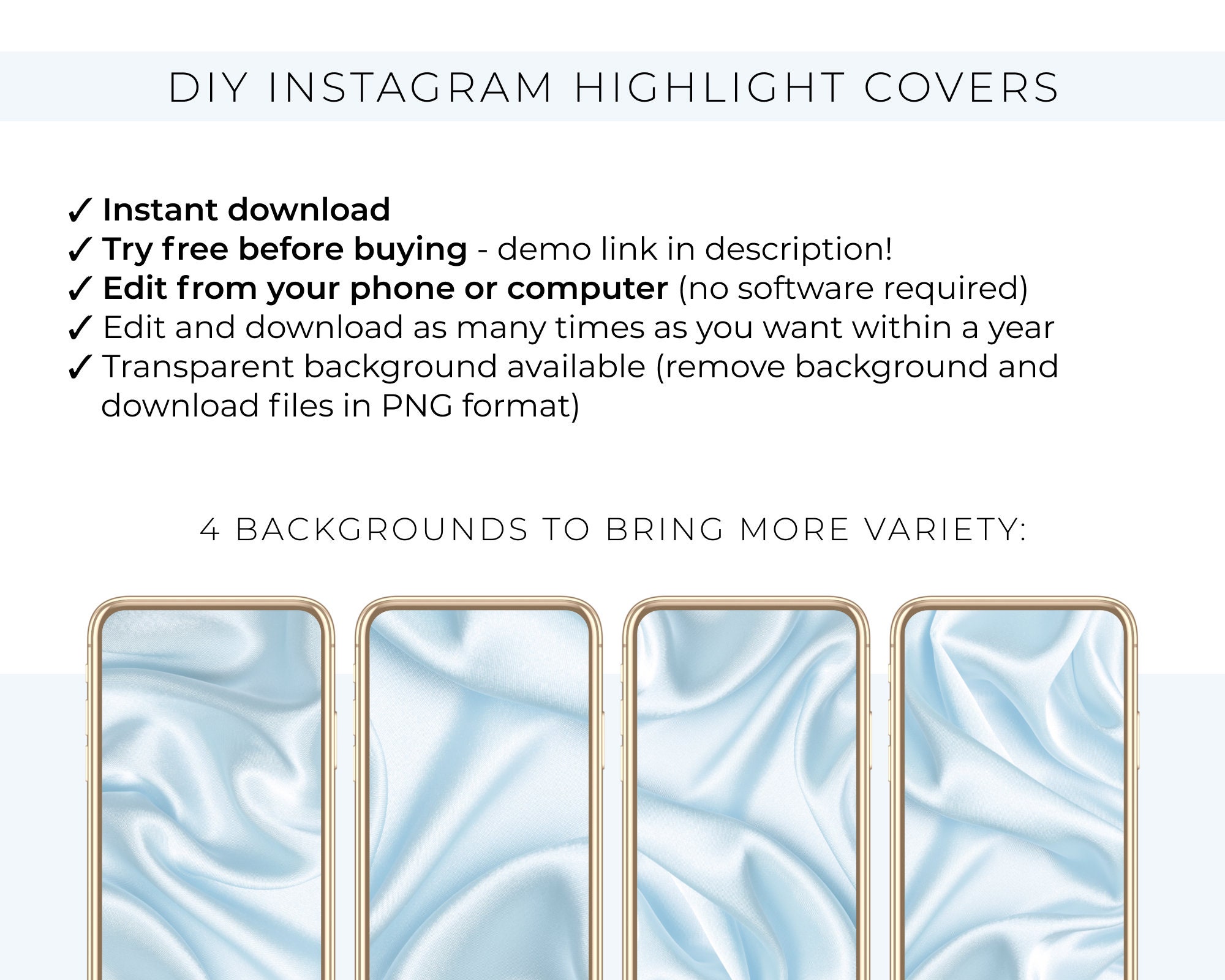 DIY Instagram Highlight Covers, Editable Light Baby Blue Silk Story ...