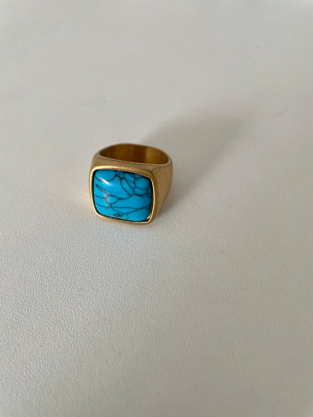 18K Gold Square Turquoise Stone Ring, Natural Stone Mens Ring, Handmade ...