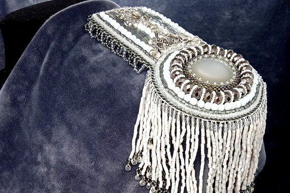 White Epaulette With Brooch.epaulettes Bead Embroidered.fringe | Etsy