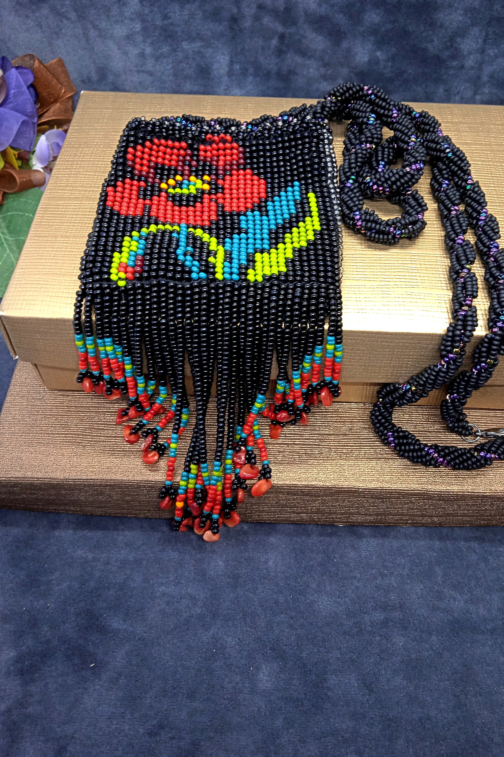 Seed Bead Pouch Necklace.seed Bead Red Poppies Necklace.fringed Pouch ...