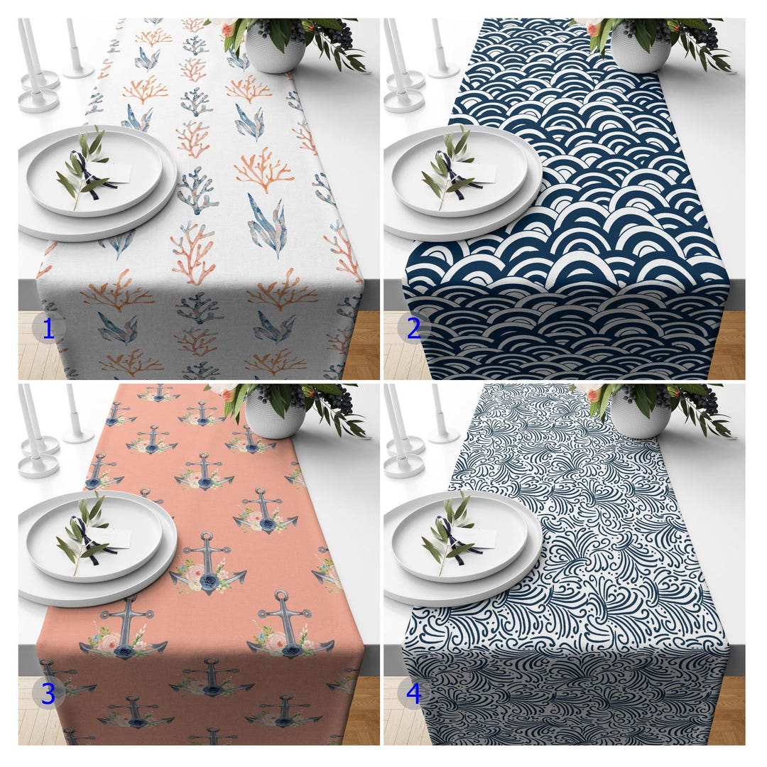 Coral Table Runner, Navy Wave Table Runners, Pink Anchor Runner, Swirl ...
