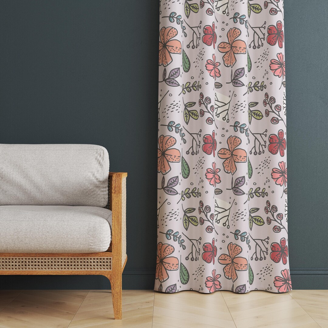Floral Curtain Panels, Hand-drawn Flowers Window Curtain, Whimsical ...