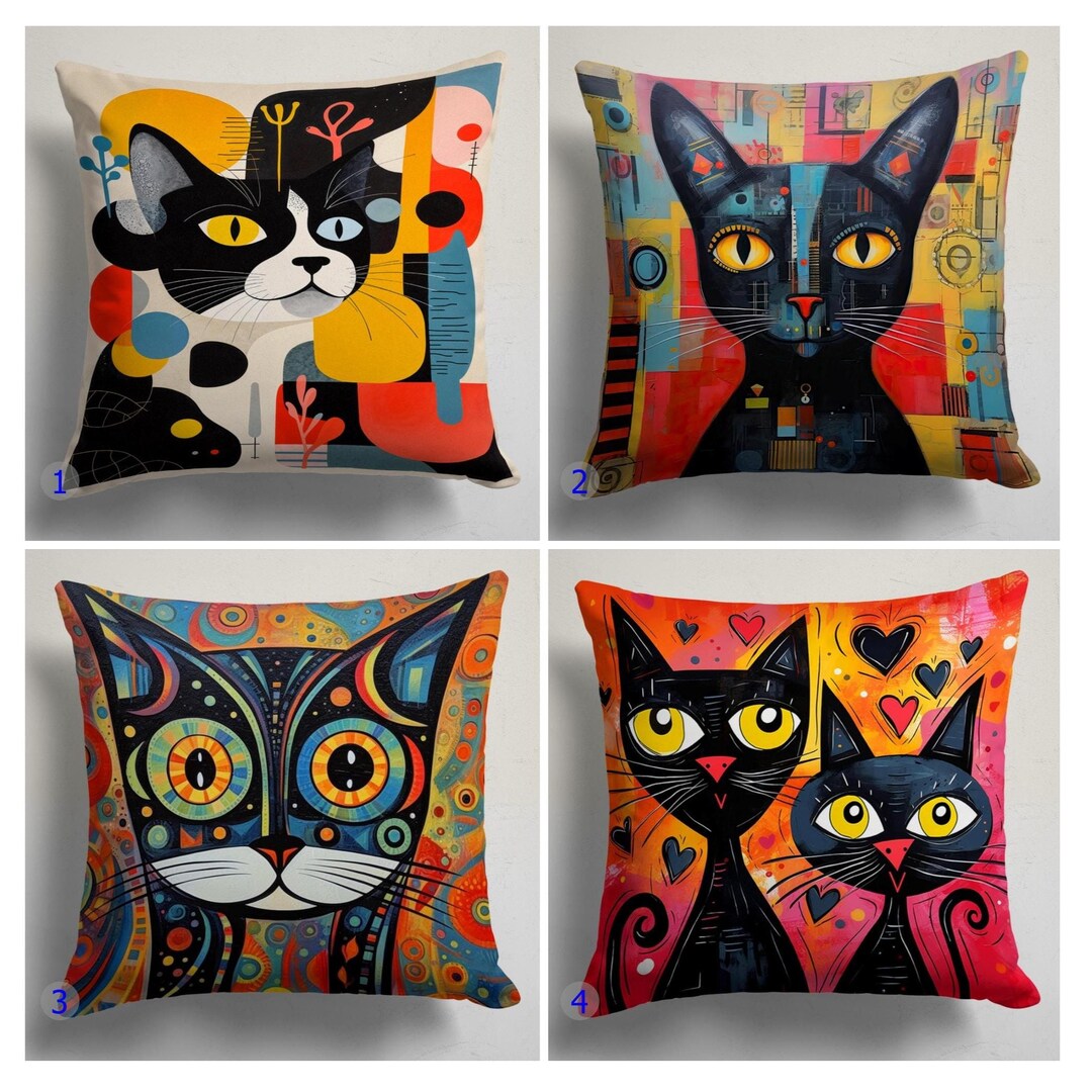 Modern Cat Pillow Covers, Abstract Feline Art Throw Pillow Covers ...