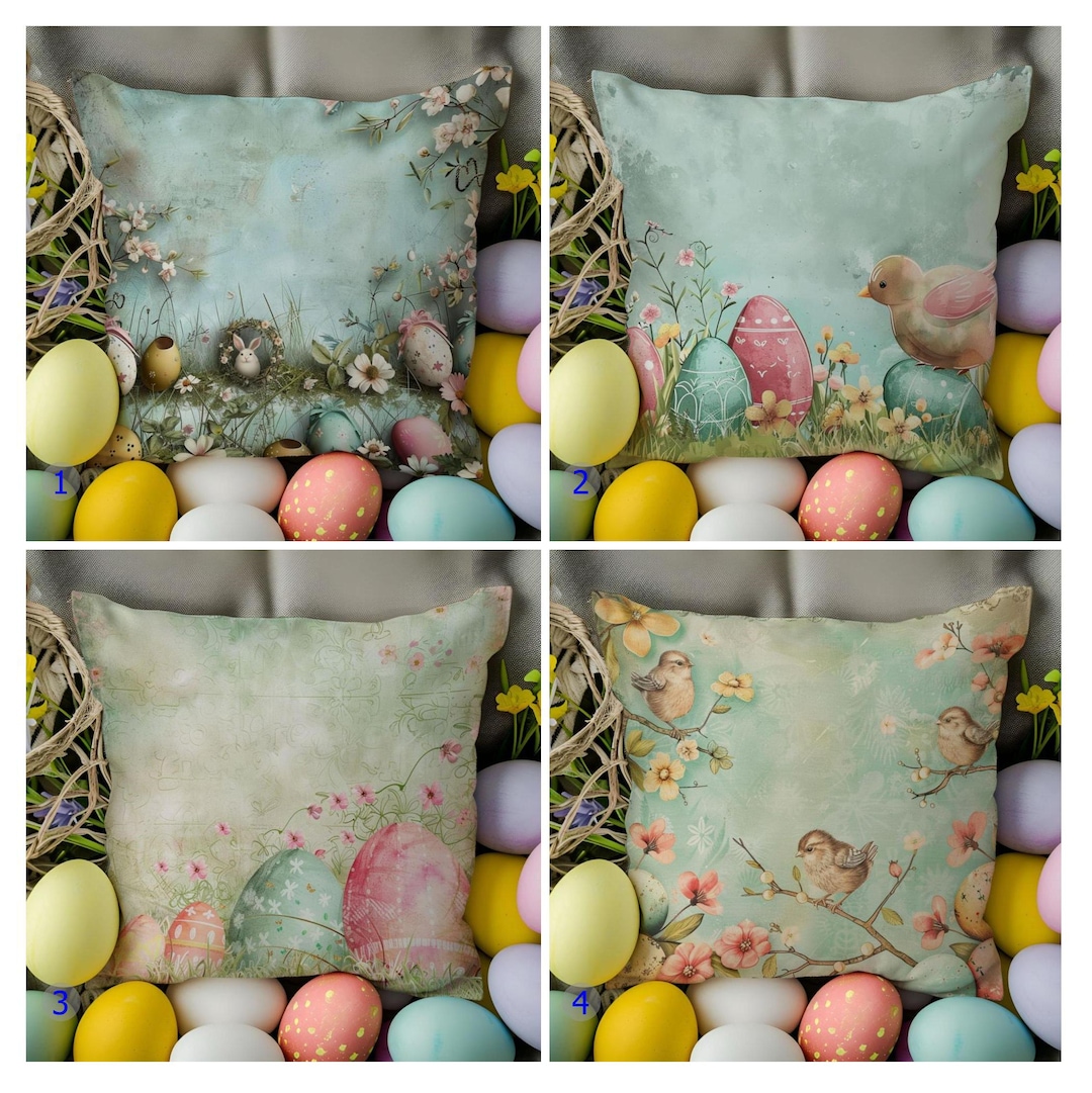 Easter Bird Pillow Covers, Pastel Floral Egg Cushion Covers, Rustic ...