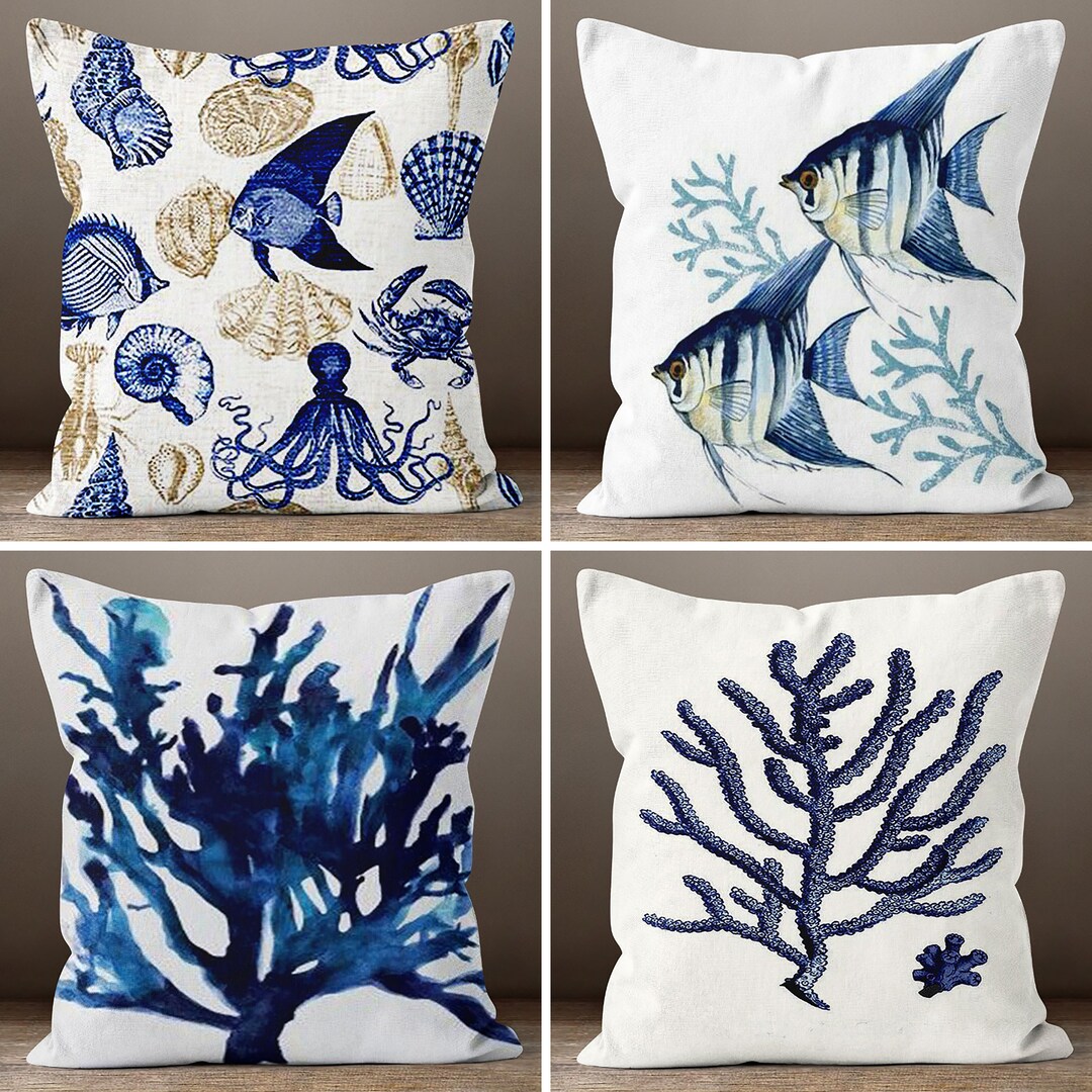 Nautical Beach House Pillow Cover, Colorful Fish Pillowcase, Blue ...