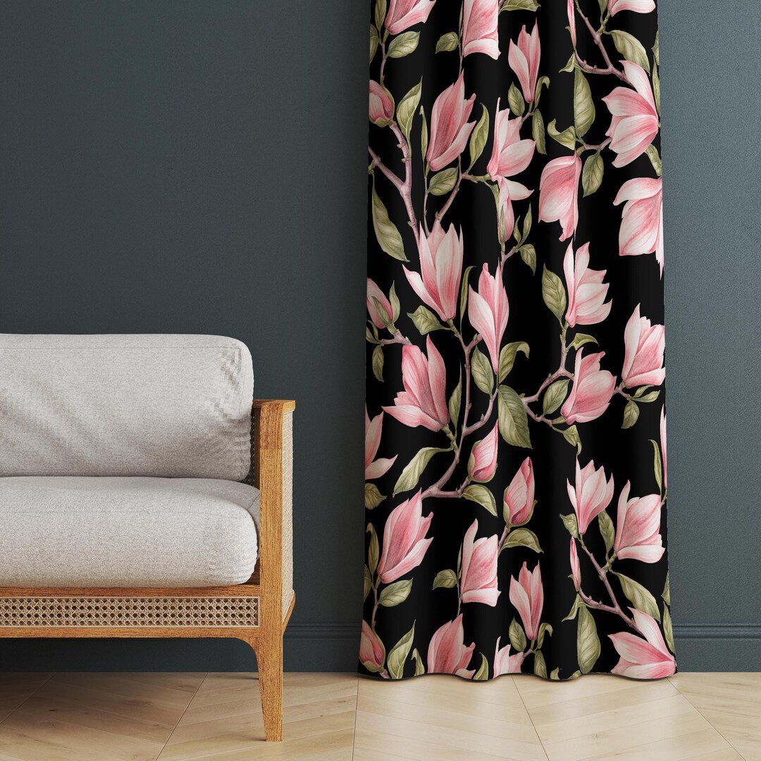 Magnolia Curtain Panels, Pink Magnolia Flowers Curtain, Dark Floral ...